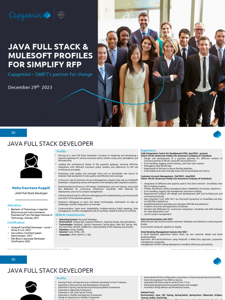 Java Full Satck & Mulesoft Profiles - Capgemini - 12292023 | PDF | Spring Framework | Web Service