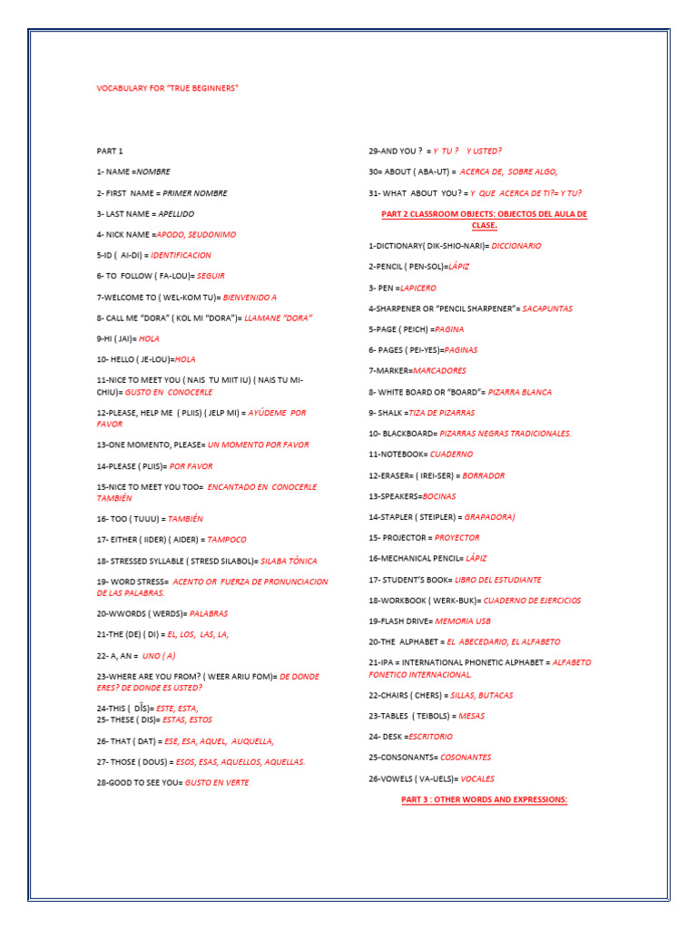 Unit 1 English Id Starter Vocabulary For True Beginners | PDF