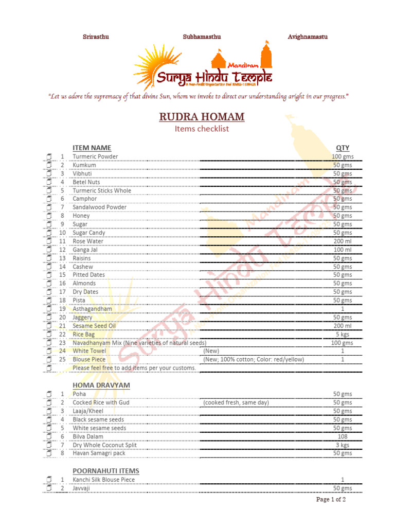 Rudra Homam Checklist | PDF