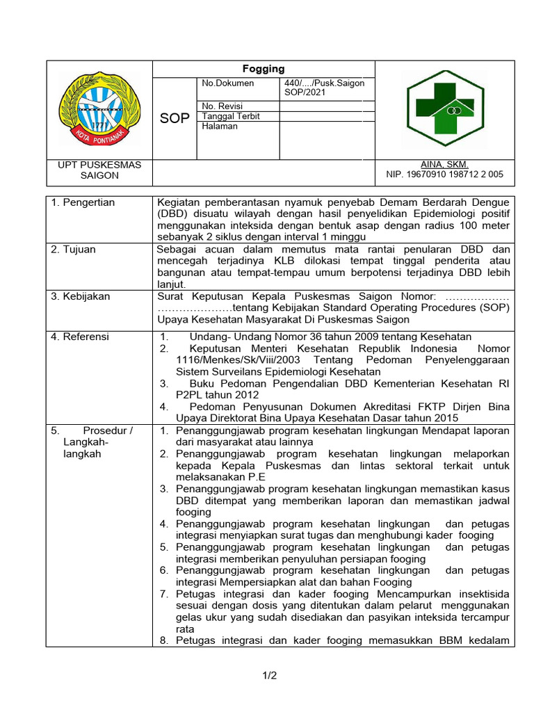 SOP Fogging Puskesmas Saigon | PDF | Sains & Matematika