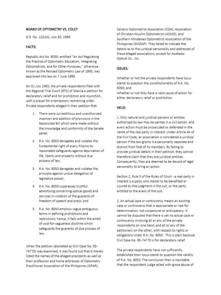Board Optometry V Colet Case Digest | PDF | Optometry | Lawsuit