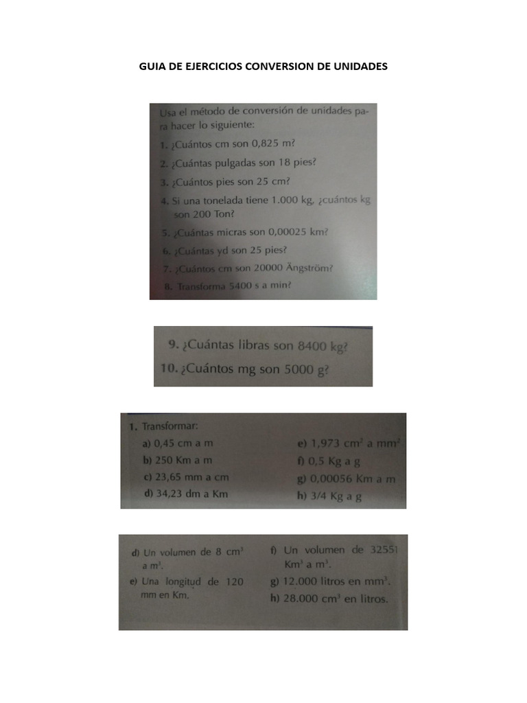 Guia de Ejercicios Conversion de Unidades | PDF