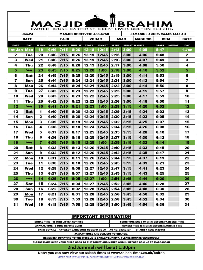Masjid Ibrahim 2024 TIMETABLE | Download Free PDF | Prayer | Islamic Ethics