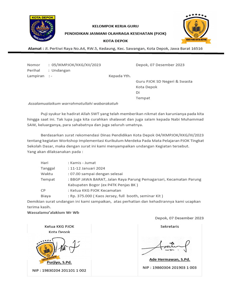 Undangan Workshop PJOK Kota Depok | PDF