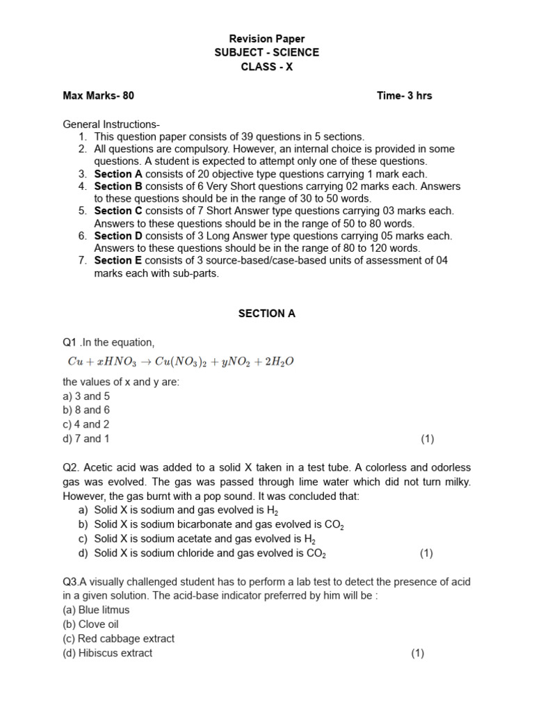 Sample Paper Half Yearly Examination X - 2023 | PDF | Chemistry ...