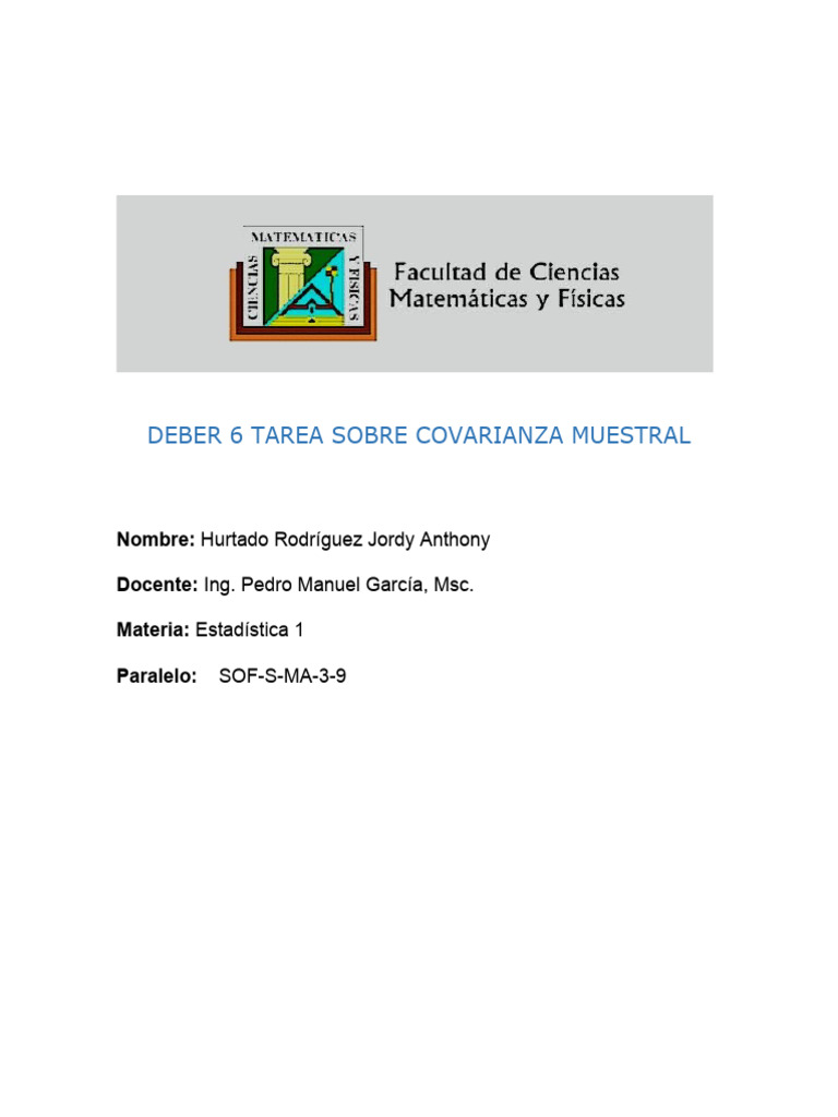 Deber 6 Tarea Sobre Covarianza Muestral | PDF | Covarianza | Probabilidad