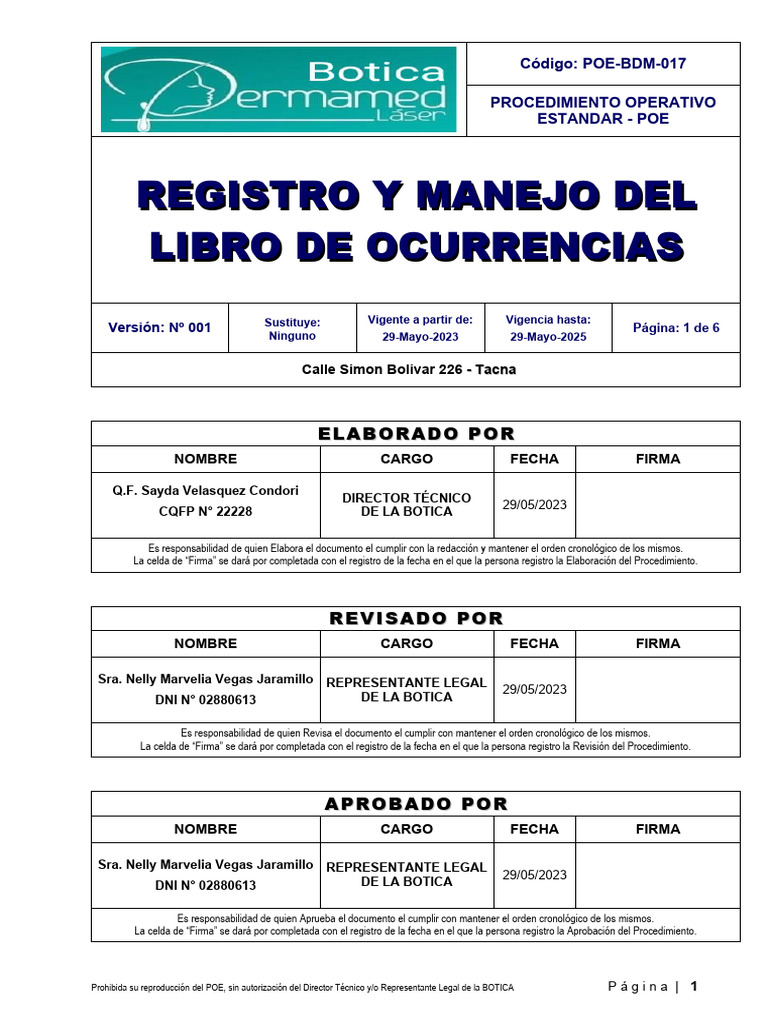 17 POEs - REGISTRO Y MANEJO DE LIBRO DE OCURRENCIAS | PDF | Farmacia | Farmacéutico