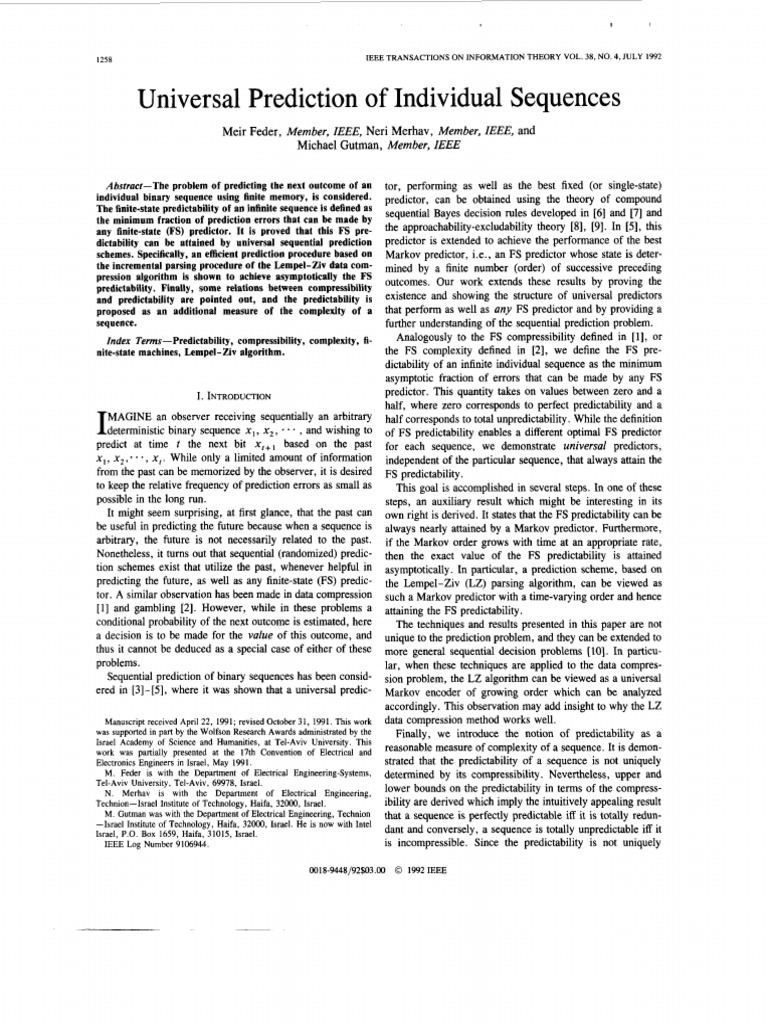 Universal Prediction of Individual Sequences | PDF
