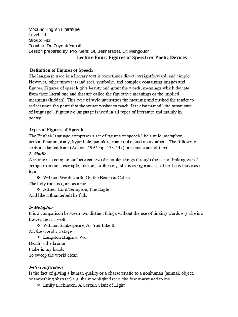 Lecture Four - Figures of Speech or Poetic Devices | PDF
