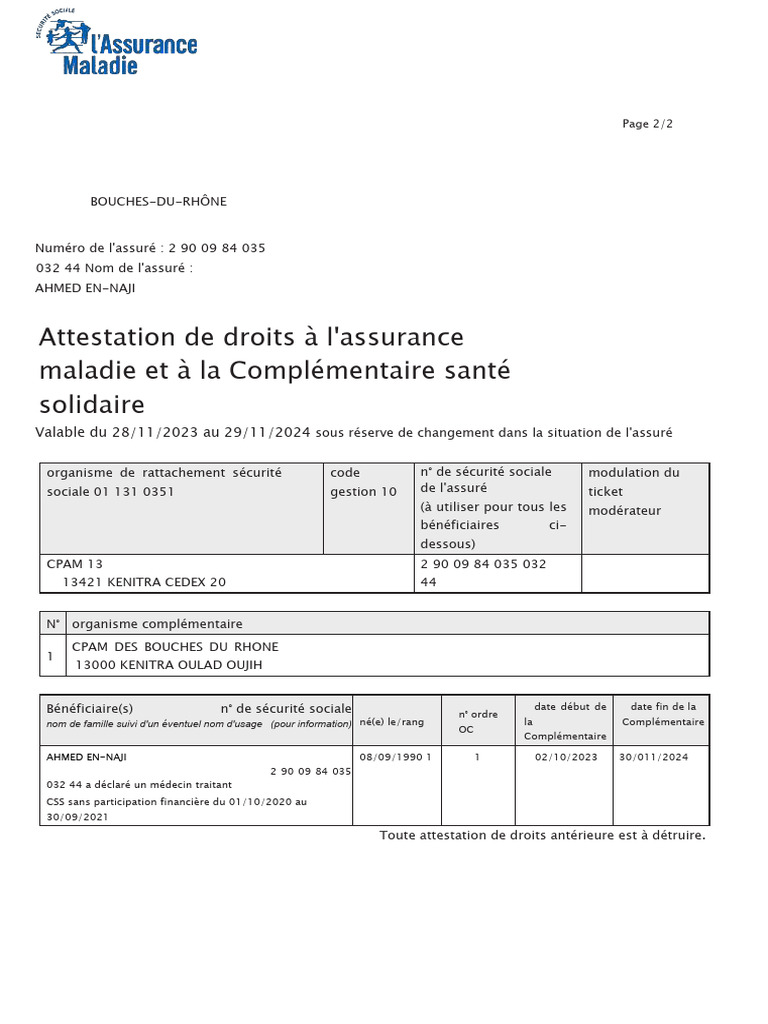 Attestation de Droits À L'assurance Maladie Et À La Complémentaire ...