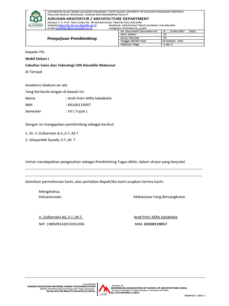 F 601 003 Pengajuan Pembimbing | PDF
