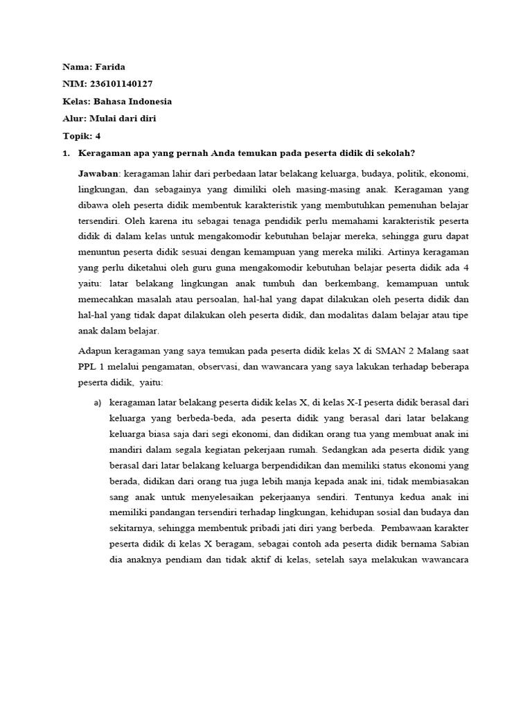 Farida - Mulai Dari Diri - Question 1 | PDF