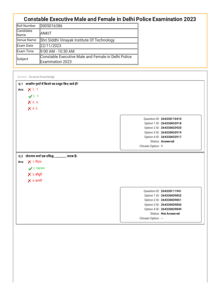 Delhi Police Answer Key | PDF
