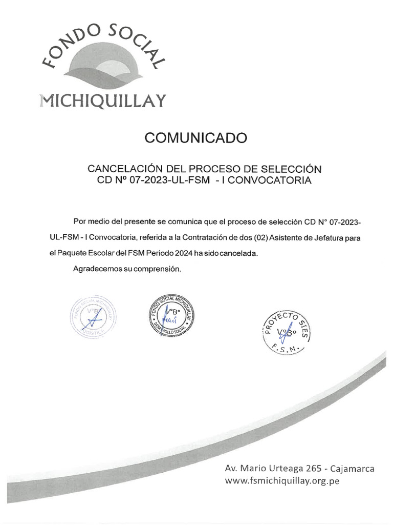 Comunicado Cancelación CD N°007-2023-UL-FSM | PDF