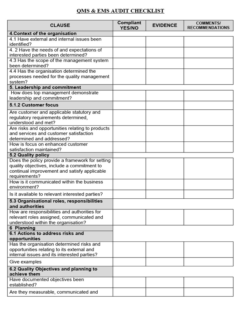 QMS, EMS Checklist | Download Free PDF | Quality Management System | Audit