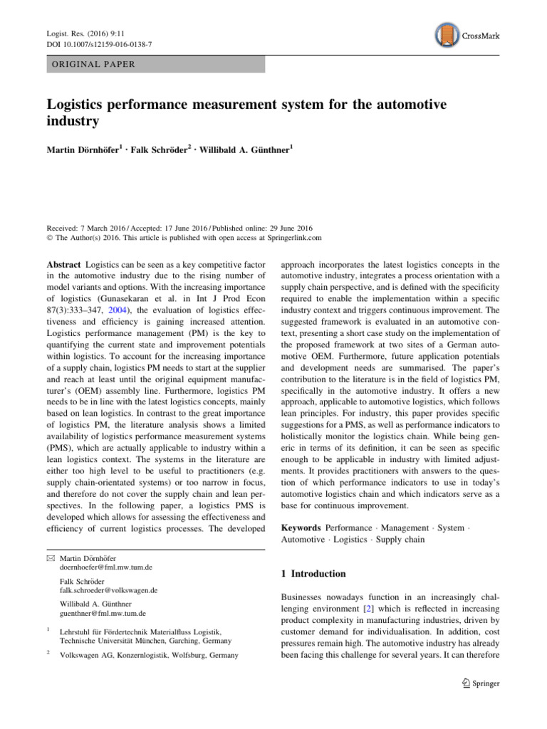 Logistics Performance Measurement System For The Automotive | PDF ...