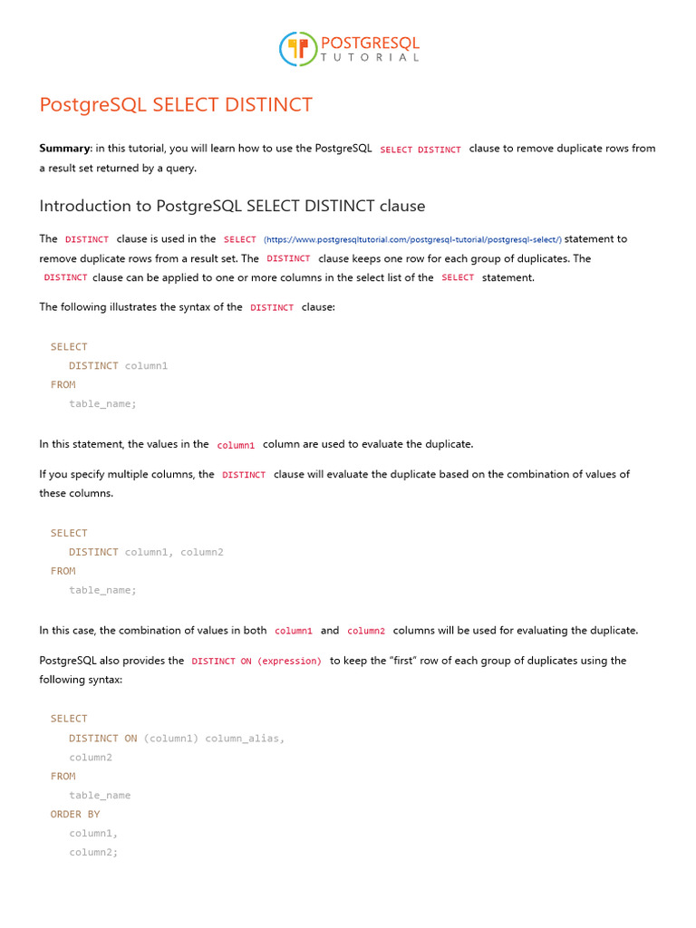 4-PostgreSQL SELECT DISTINCT by Practical Examples | PDF | Table ... 4-PostgreSQL SELECT DISTINCT by Practical Examples | PDF | Table ...