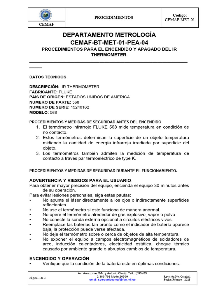 Procedimiento #Cemaf-Bt-Mta-04 para El Encendido y Apagado Del Ir Thermometer | PDF ...