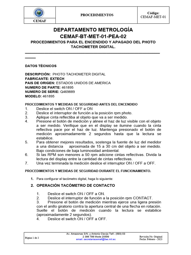 Procedimiento #Cemaf-Bt-Mta-02 para El Encendido y Apagado Del Photo Tacometer | PDF
