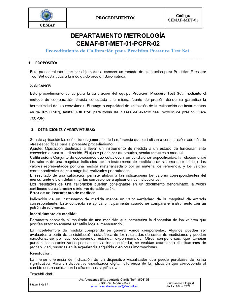 PROCEDIMIENTO #CEMAF-BT-MET-PR-02 DE CALIBRACION PARA EL Precision ...