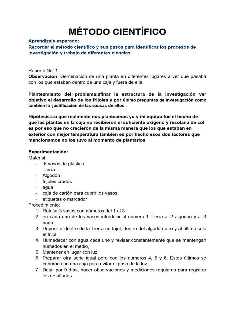 Reporte Método Científico | PDF | Método científico | Experimentar