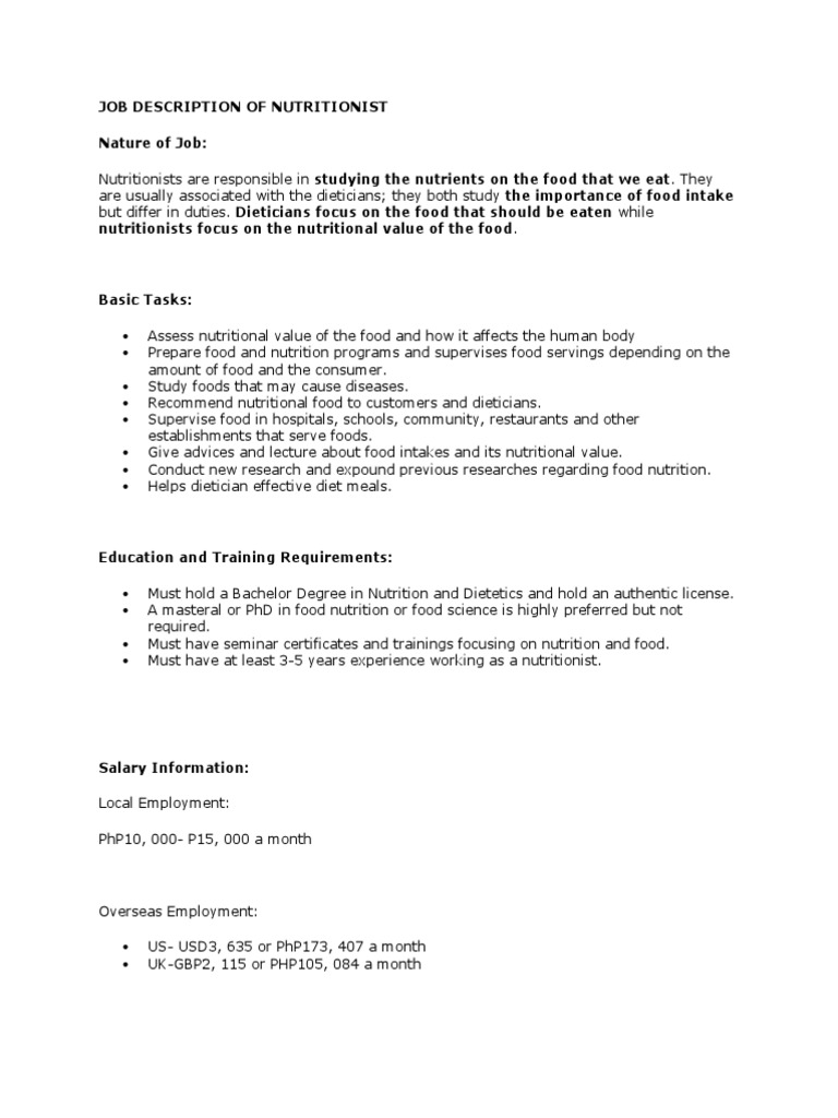 Job Description of Nutritionist | PDF | Dietitian | Nutrition