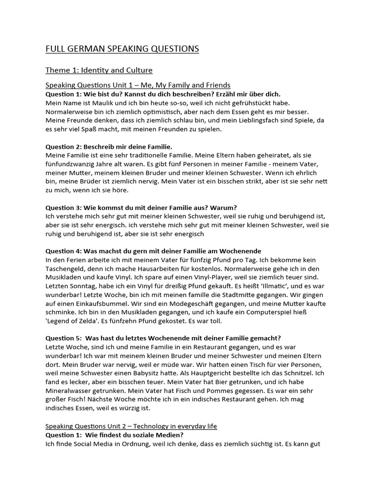 Full German Speaking Questions | PDF