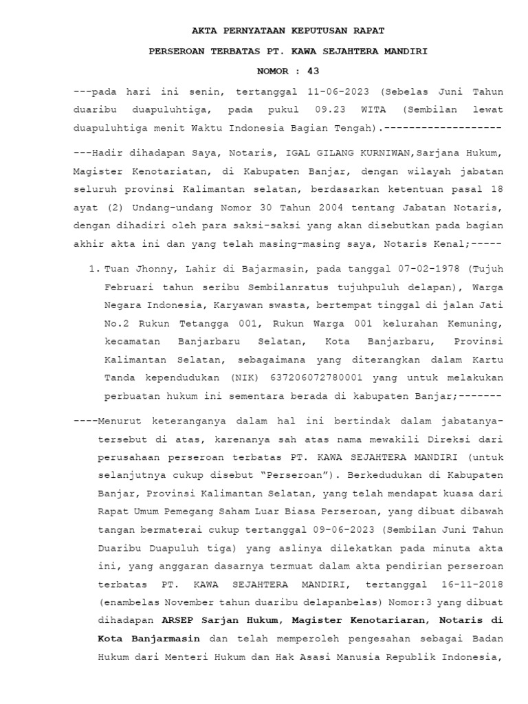 Akta Pernyataan Keputusan Rapat (Igal Gilang Kurniawan 2220216310050) | PDF Akta Pernyataan Keputusan Rapat (Igal Gilang Kurniawan 2220216310050) | PDF