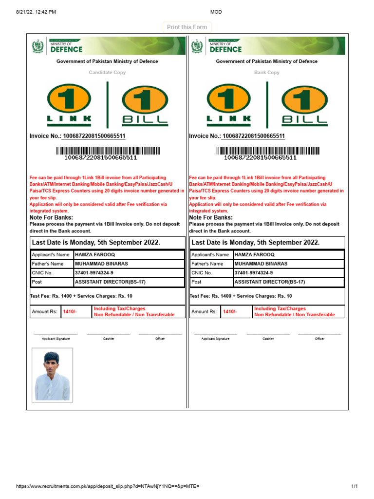 Ministry of Defence Fee Slip | PDF | Fee | Banks