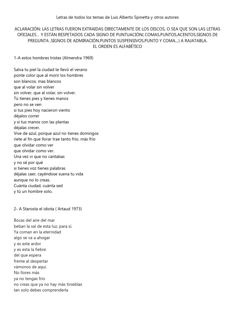 Letras de Todos Los Temas de Luis Alberto Spinetta y Otros Autores (A ...