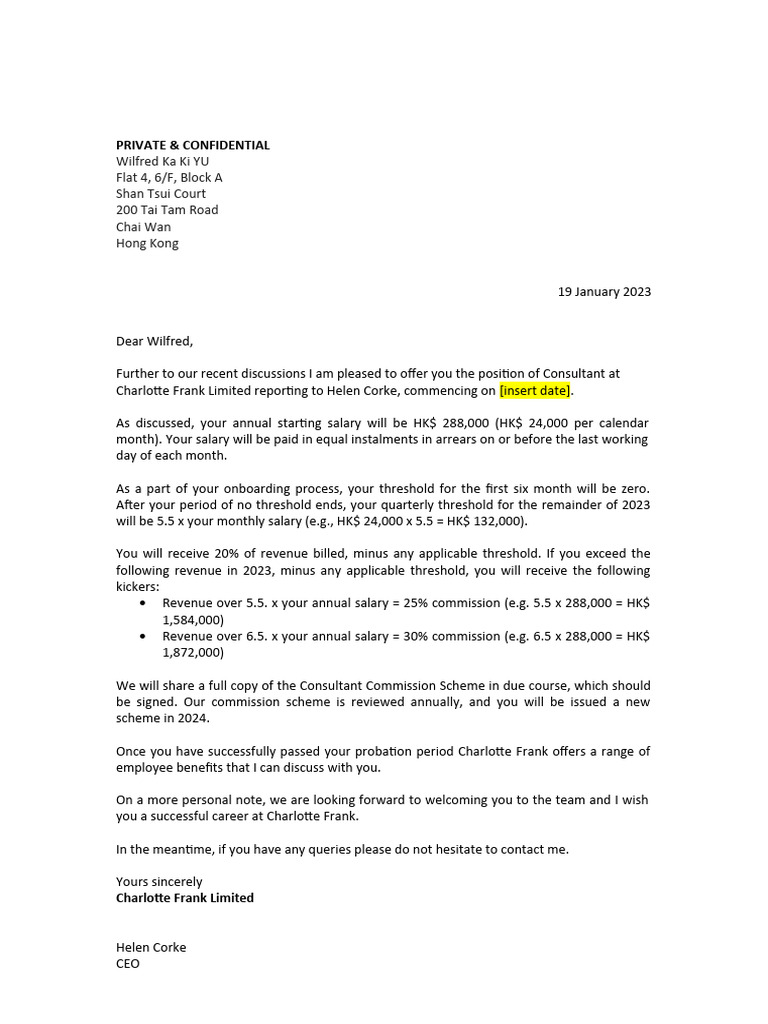 CF Offer Letter (HK) - Wilfred Yu | PDF | Career & Growth | Finance ...