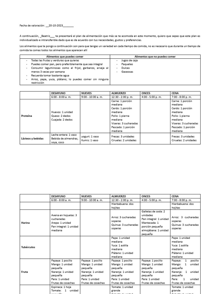 Plan de Alimentación General | PDF | Cena | Alimentos
