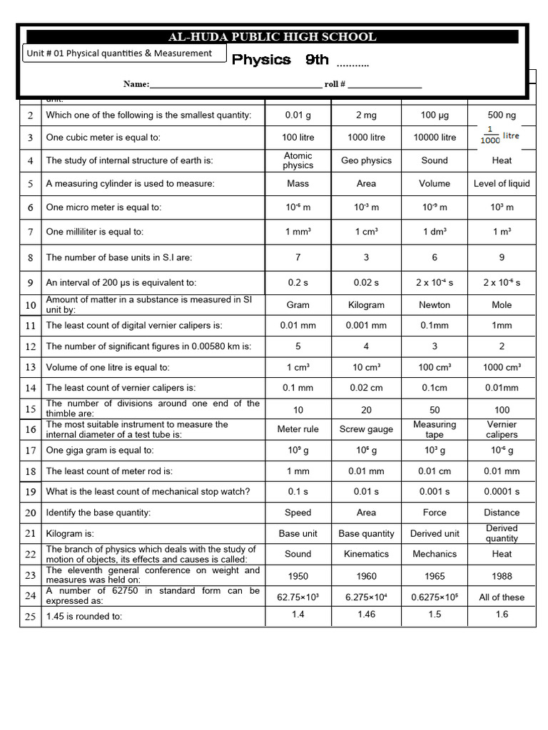Test Unit # 01 Physical Quantities | PDF