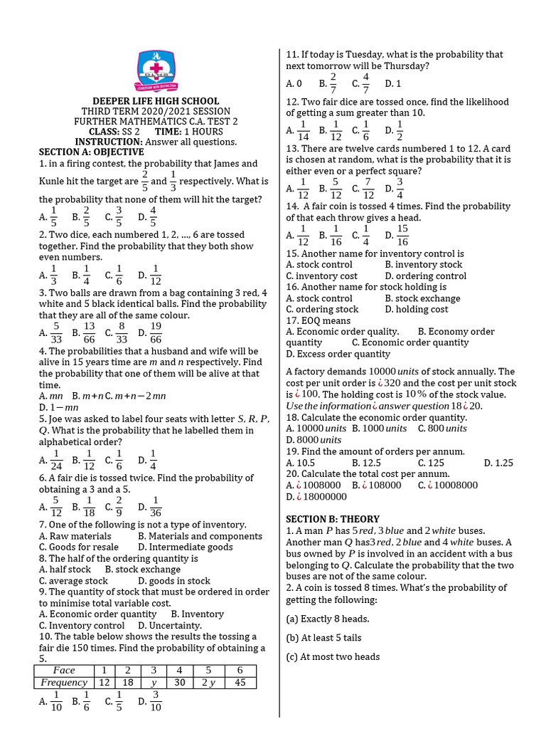SS 2 Further Maths Cat 2 3RD Term 2020-2021 | PDF
