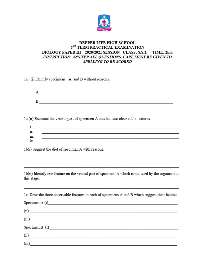 SS 2 Biology Practical 2020-2021 3RD Term | PDF