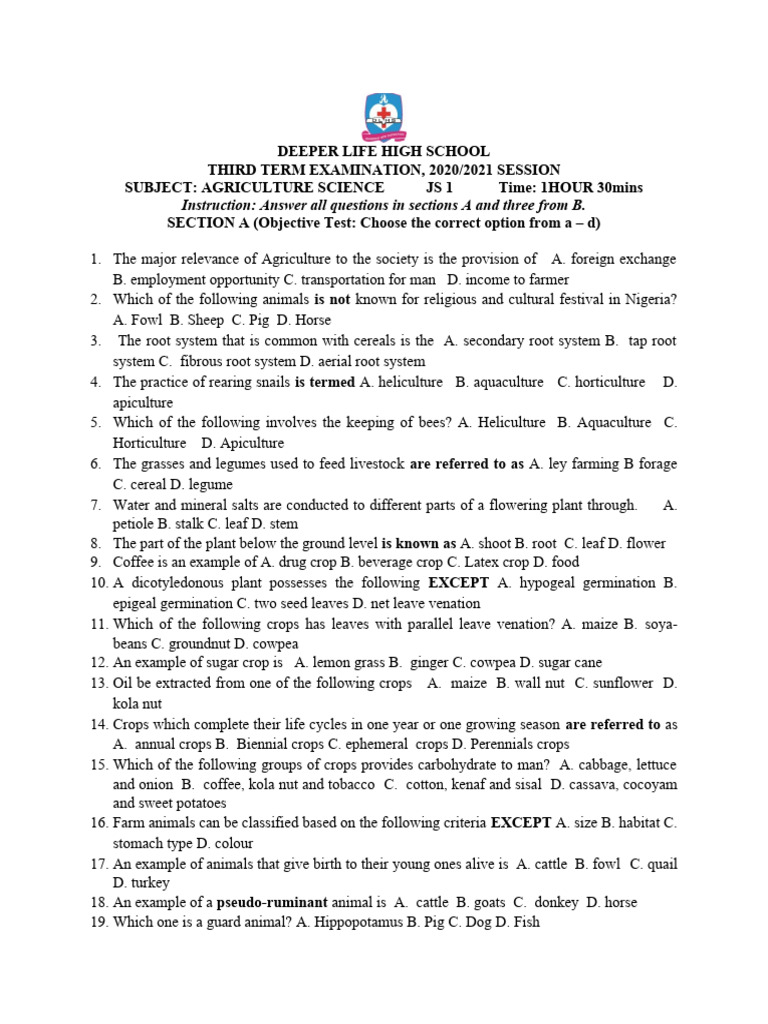 JS 1 Agric Science 3RD Term Exam 2020-2021 | PDF | Pest (Organism) | Herbicide