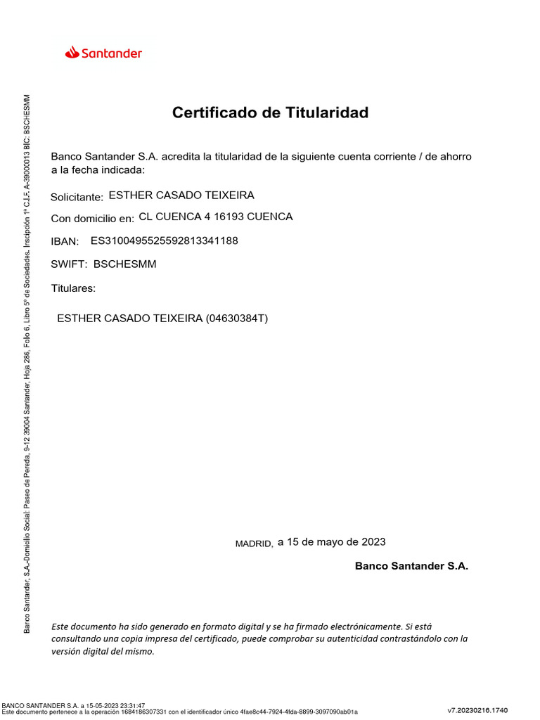 Certificado de Titularidad - Santander | PDF