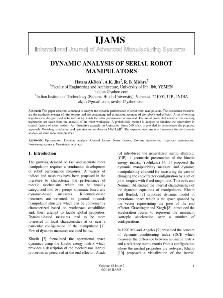 Dynamic Analysis of Serial Robot Manipulators - 1 | PDF | Kinematics | Acceleration