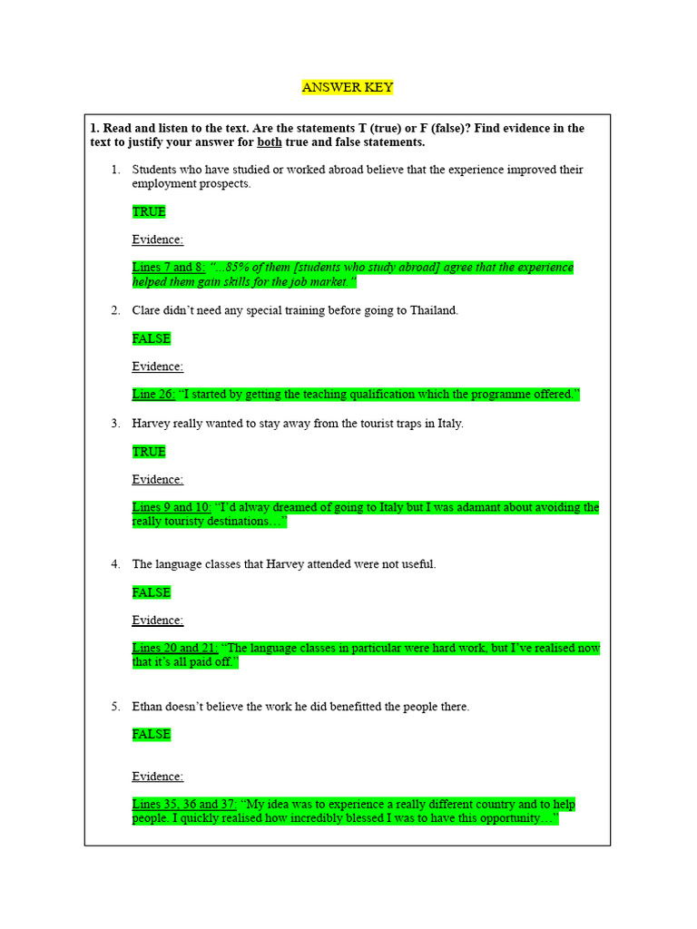 1º Bachillerato - Reading Task (Erasmus Students) - Unit 1 - ANSWER KEY | PDF