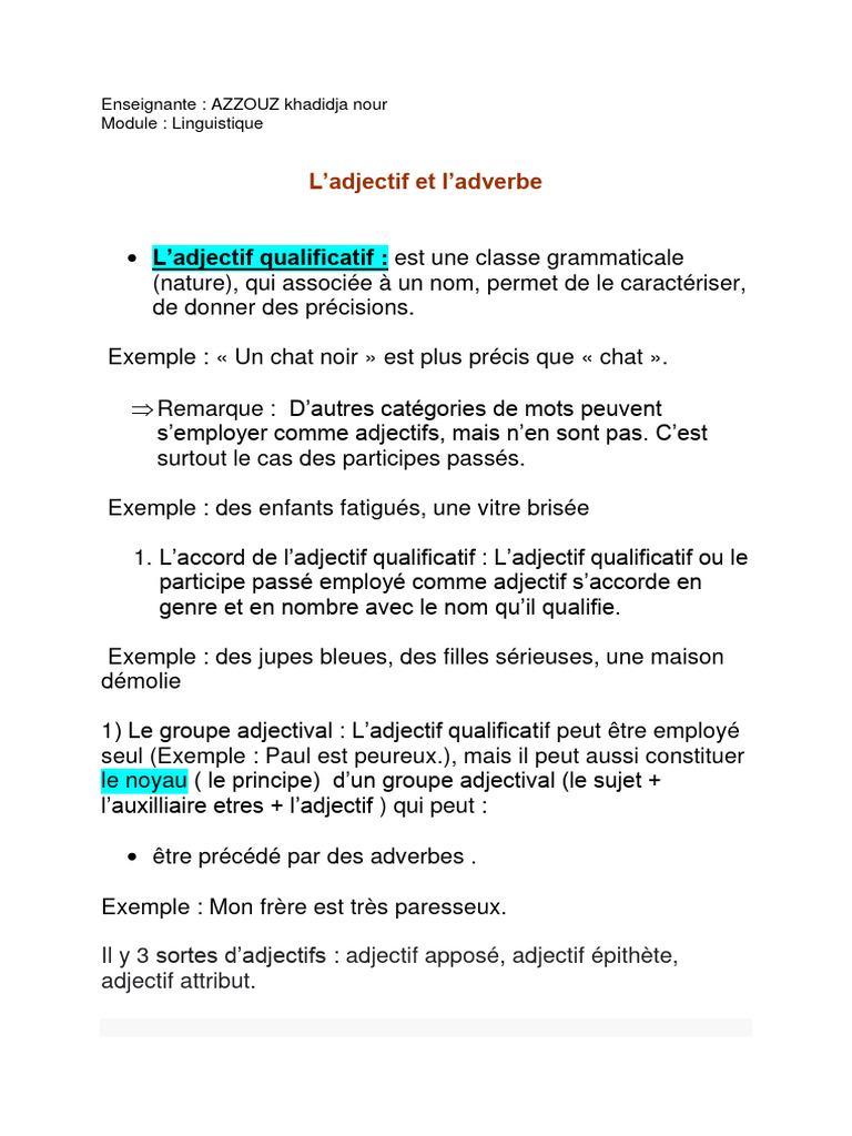 Adjectifs et adverbes : définitions et exemples | PDF | Adverbe | Adjectif