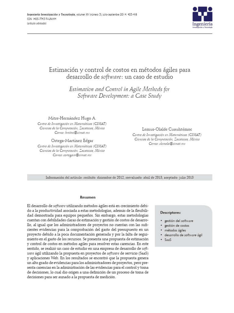 Estimación y Control de Costos en Métodos Ágiles para Desarrollo de ...