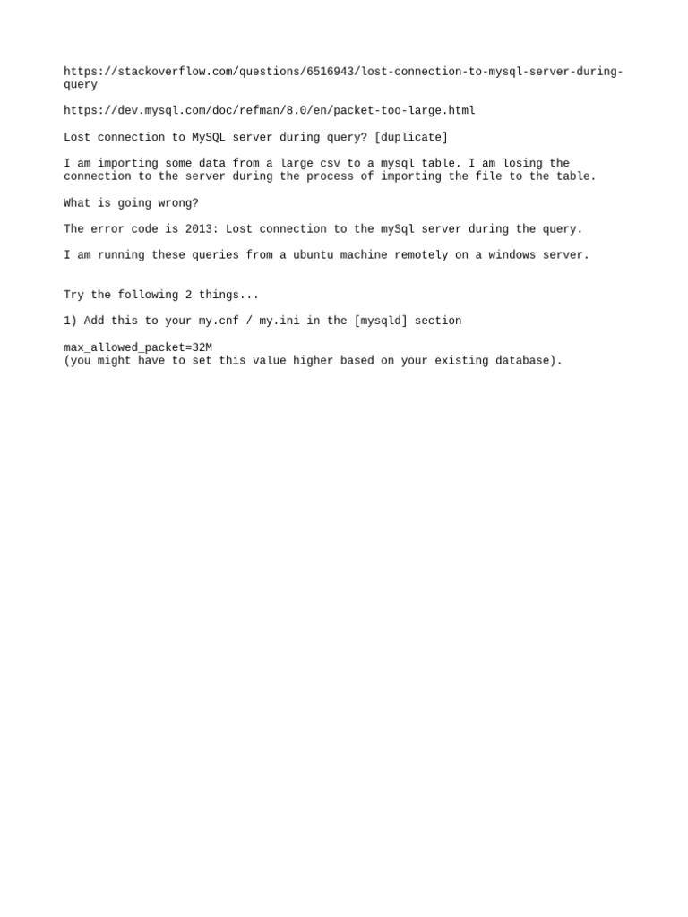 Lost Connection To Mysql Server During Query Pdf 7602