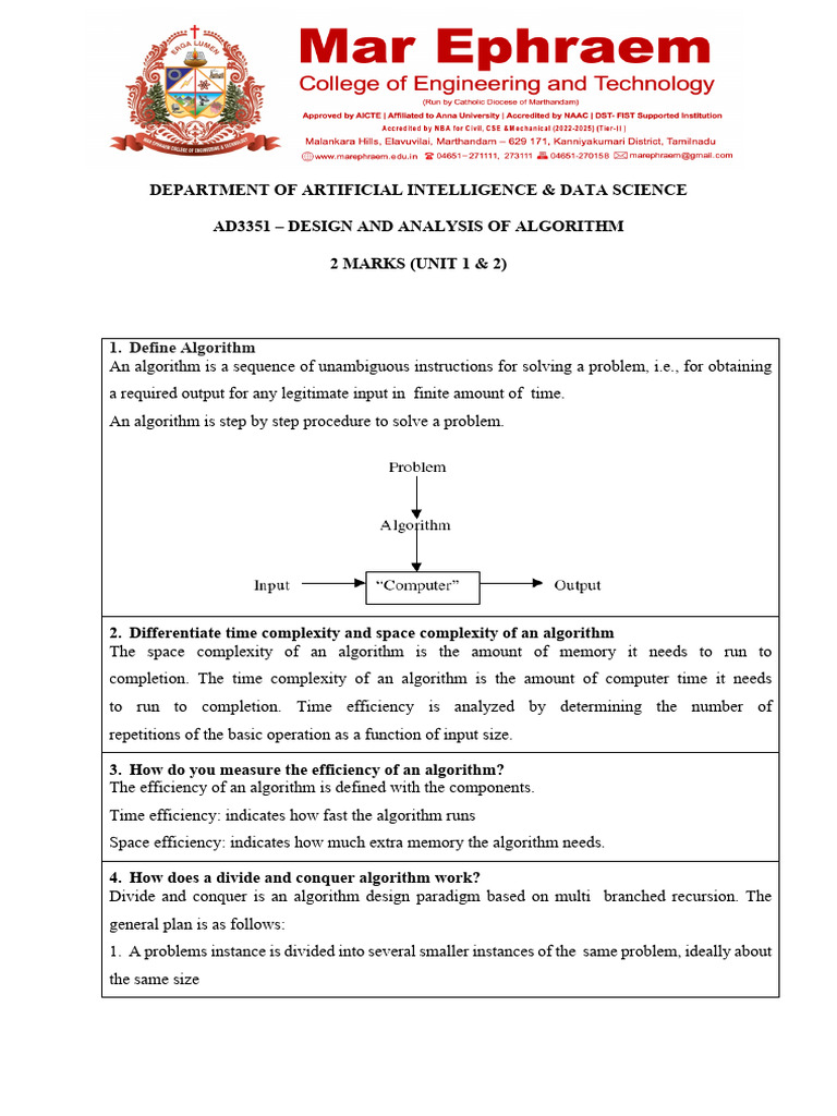 Ai And Ds Ad3351 Daa 2marks Unit 1 And 2 Question Bank Pdf Computational Complexity Theory 0313