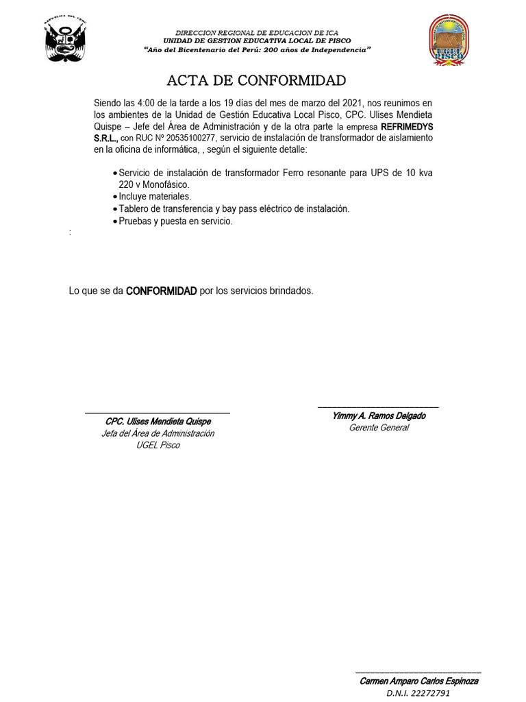 Acta de Conformidad | PDF | Perú
