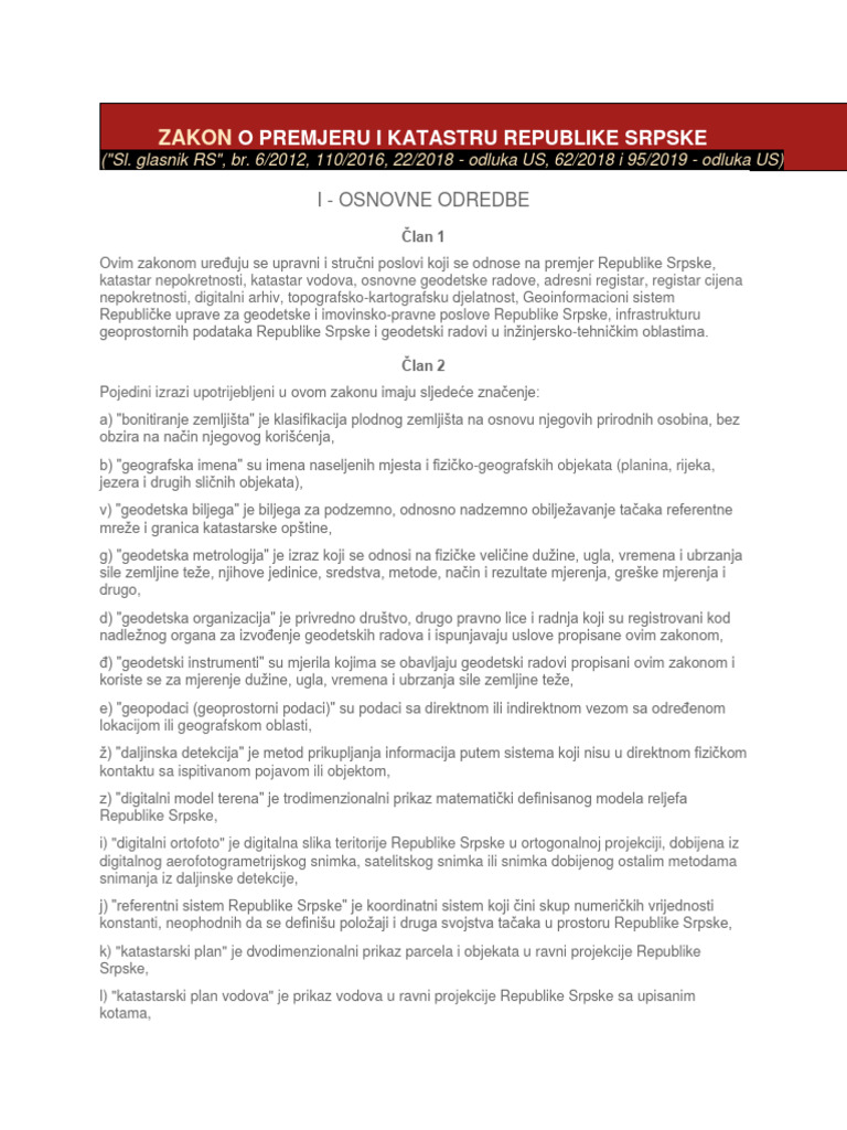 Zakon o Premjeru I Katastru Republike Srpske | PDF