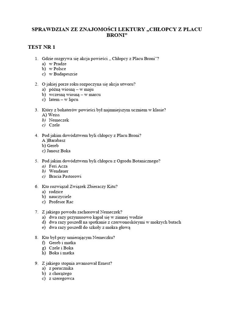 Testy Z Lektury Z Odpowiedziami - Chłopcy Z Placu Broni | PDF