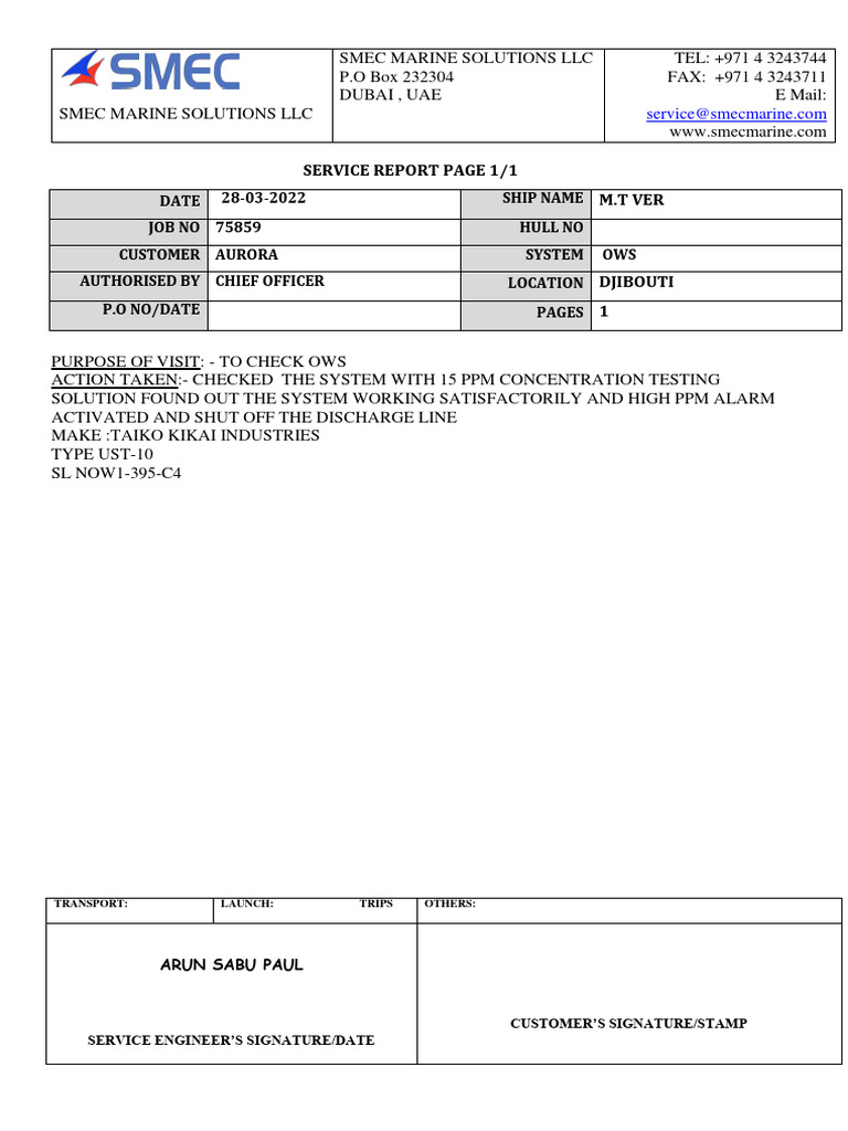 Service Report Page 1/1 M.T Ver | PDF