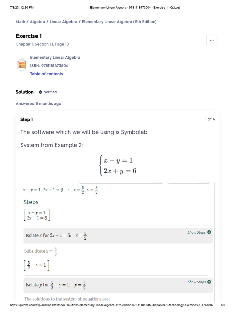 Elementary Linear Algebra Exercise Solutions | PDF | Equations | Algebra