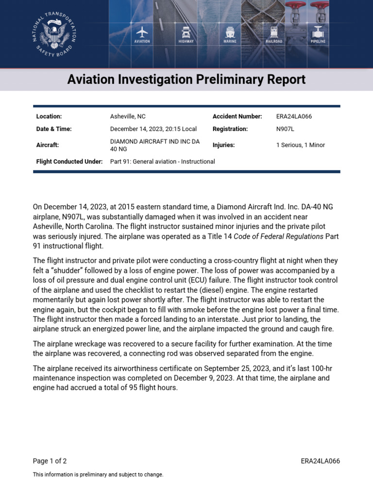 NTSB Preliminary Report On Small Plane Crash On I-26 | PDF