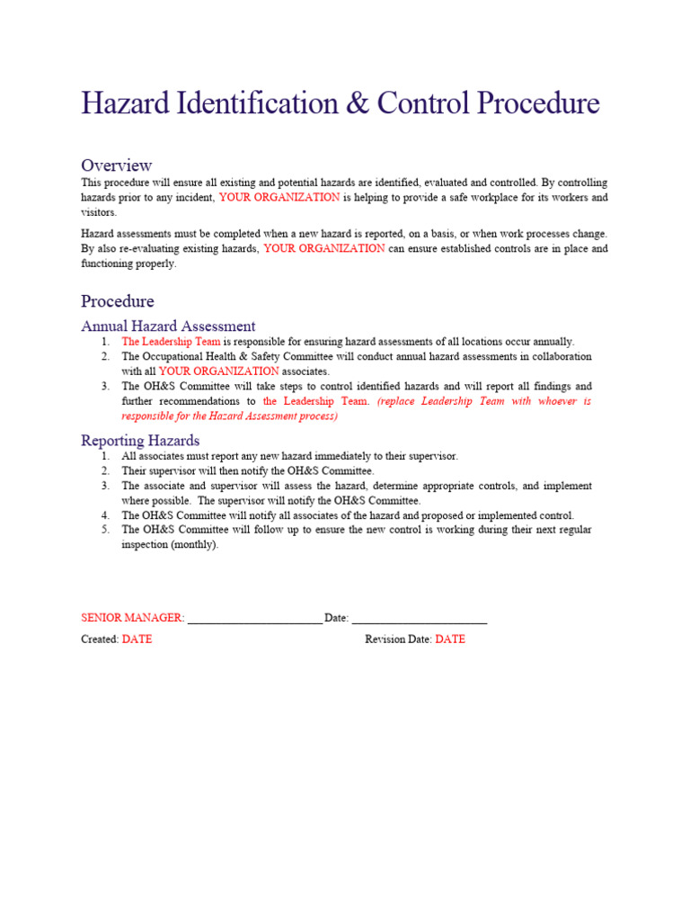 Hazard Identification and Control Procedure Template | PDF